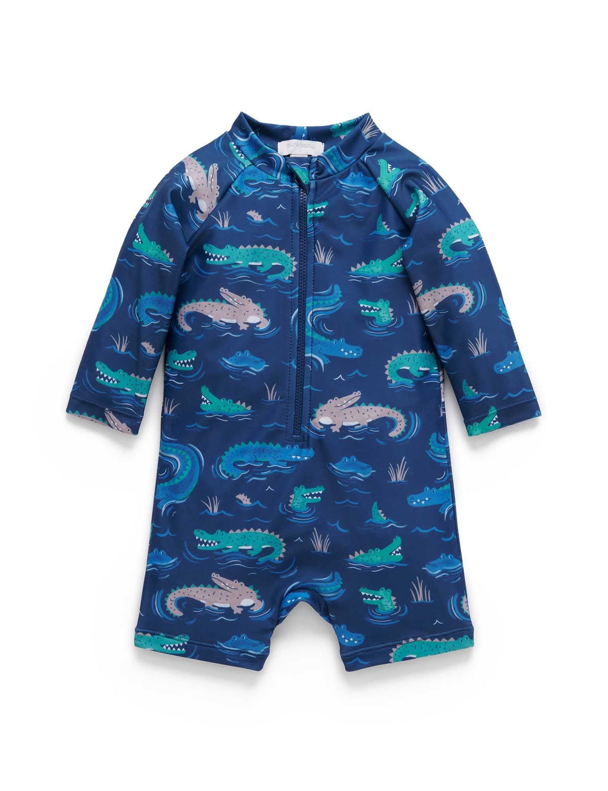 Baby Long Sleeve Sunsuit | Purebaby Front Zip Sunsuit | Crocodile Fun ...