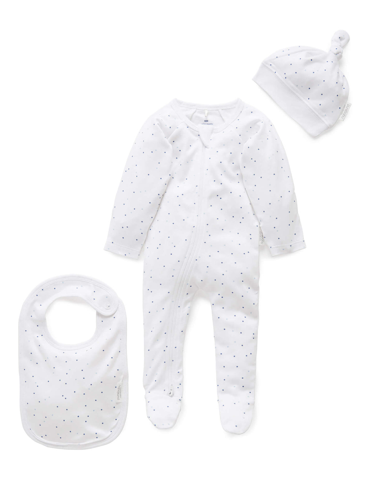 Newborn Growsuit Set - Blue | Purebaby Infant 3 Piece Set with Hat ...